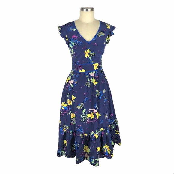 Modcloth | Dresses | Modlcoth Navy Blue Dinosaur Floral Print Midi ...